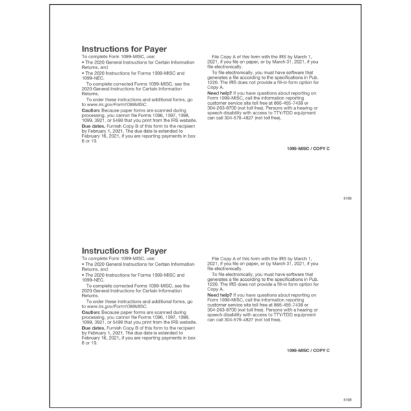 5109B Blank 1099-MISC Copy C 500 pack